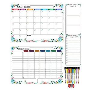 VKOPA Dry Erase Calendar Whiteboard. Set of 4 Magnetic Calendars for Refrigerator, Monthly, Weekly Organizer & Daily Notepad . Planner Board & Fridge Family Calendar. 8 Markers 1 Eraser, White