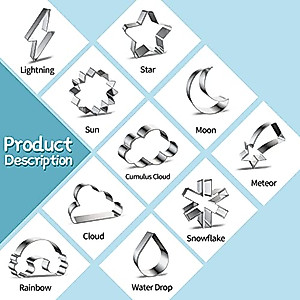CookDaoMo Weather Shapes Cookie Cutters Set of 10 Pcs,Stainless Steel Cookie Cutters Molds Lightning,Star,Sun,Moon,Cumulus Cloud,Meteor,Cloud,Snowflake,Rainbow,Water Drop Pattern