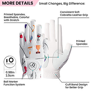 FINGER TEN Golf Gloves Women Left Right Hand Leather with Ball Marker Value Pack, Colored Glove for Ladies Right Left Handed Golfer All Weather Grip (Half-Golf Party, Large, Left)