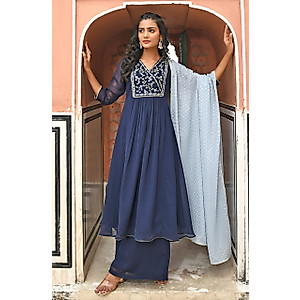 Janasya Indian Women's Navy Blue Georgette Embroidered Kurta with Flared Palazzo and Dupatta