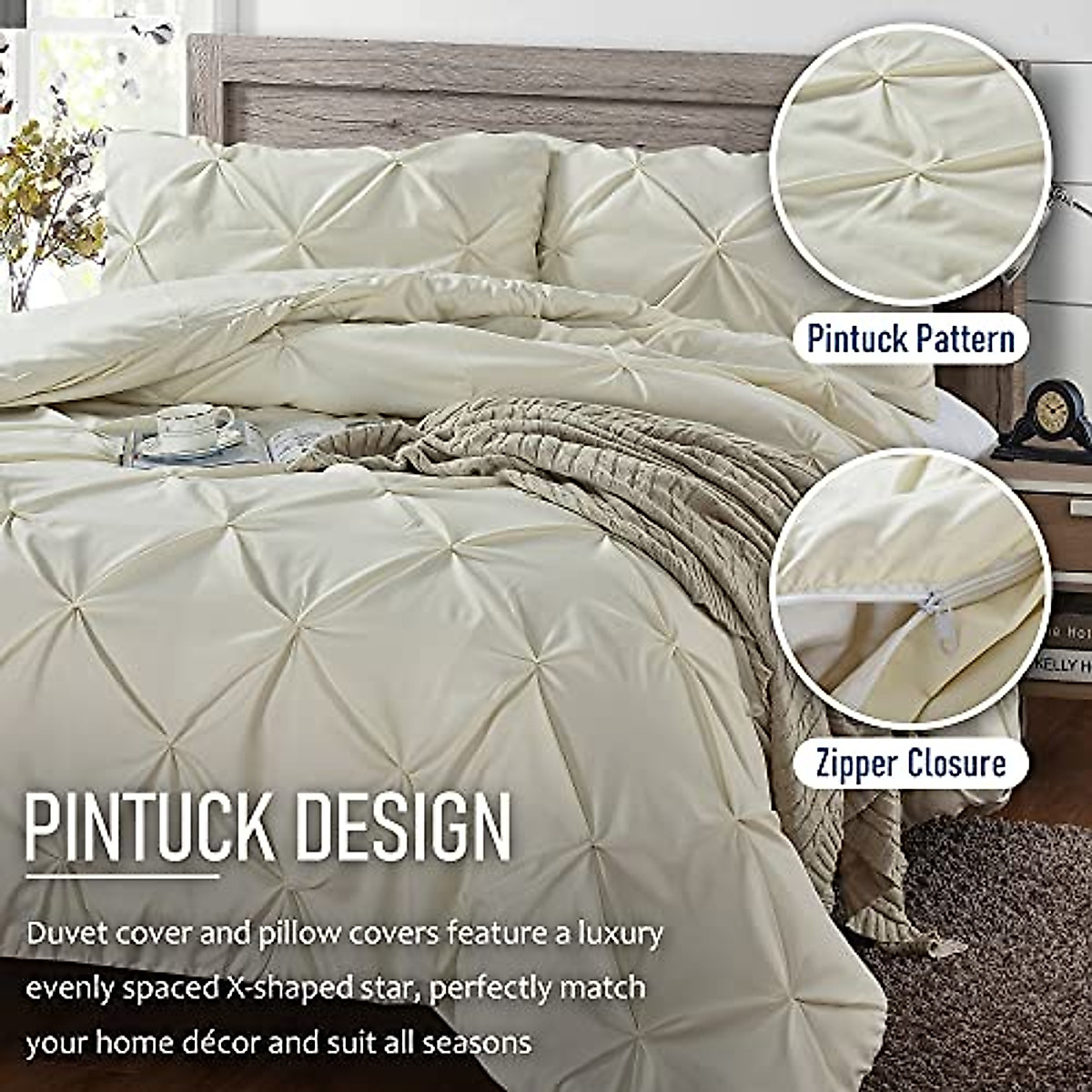 Tyfitb Pinch Pleat Duvet Cover King Size Beige Oversized Duvet Cover Set 3 Piece Floral Pintuck Bedding Set with Zipper Closure
