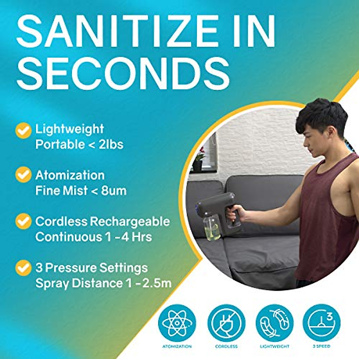 airDefender Disinfectant Fogger Sanitizer Spray Machine - Cordless Electric Atomizer Sprayer Gun for Home, Offices, Garden, Gym, School, Restaurants