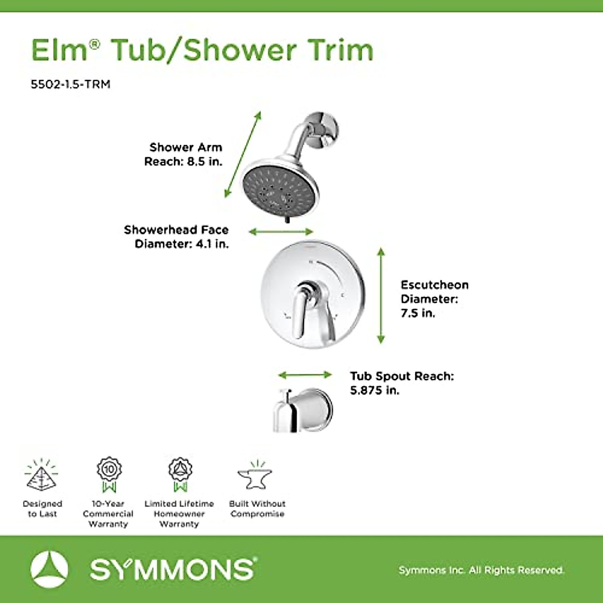 Symmons 5502-1.5-TRM Elm Single Handle 5-Spray Tub and Shower Faucet Trim ,Chrome - 1.5 GPM (Valve Not Included)