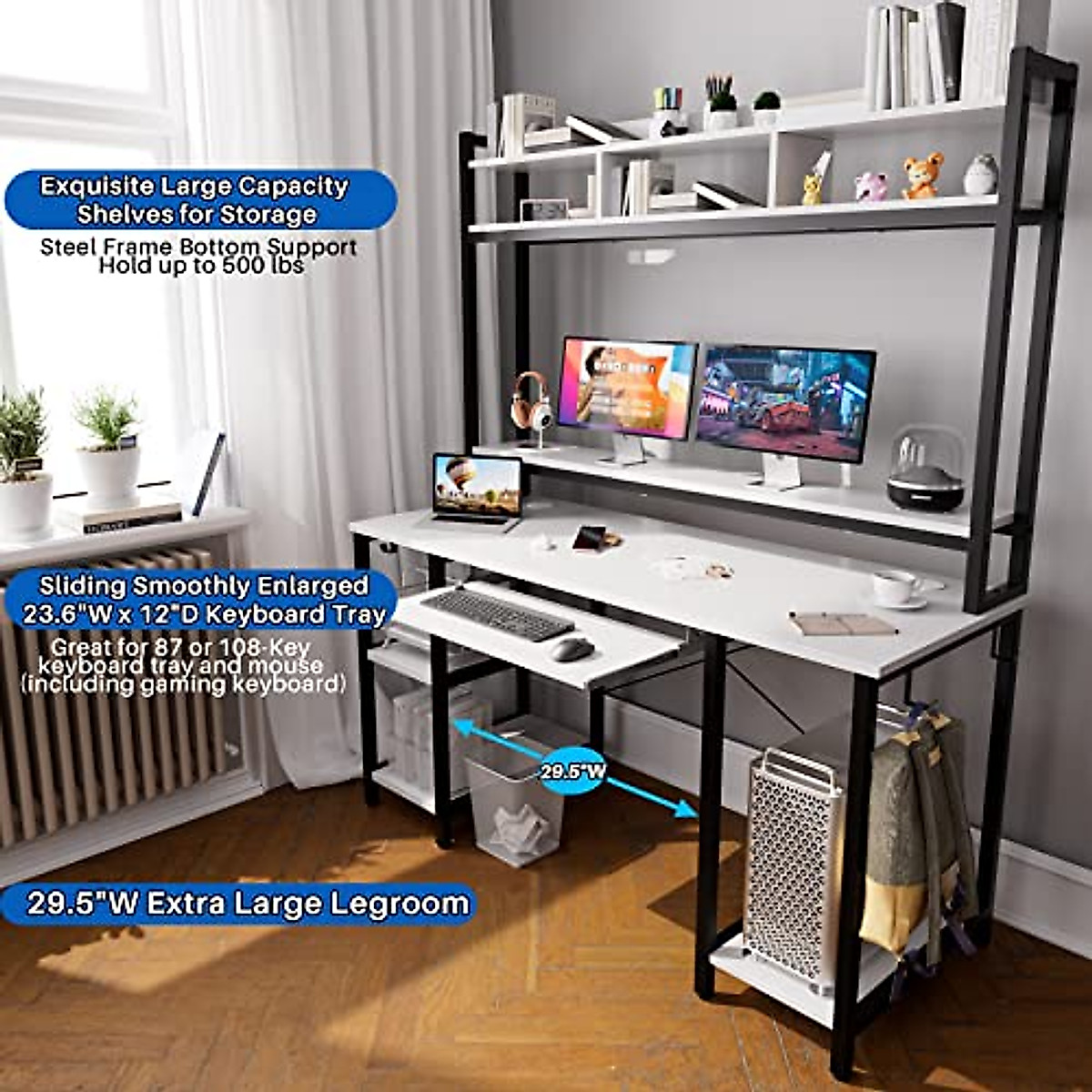 Computer Desk with Hutch Bookshelves, Storage Shelves, Keyboard Tray, Home Office Study Work Desk 53 inch Width, 70 inch High