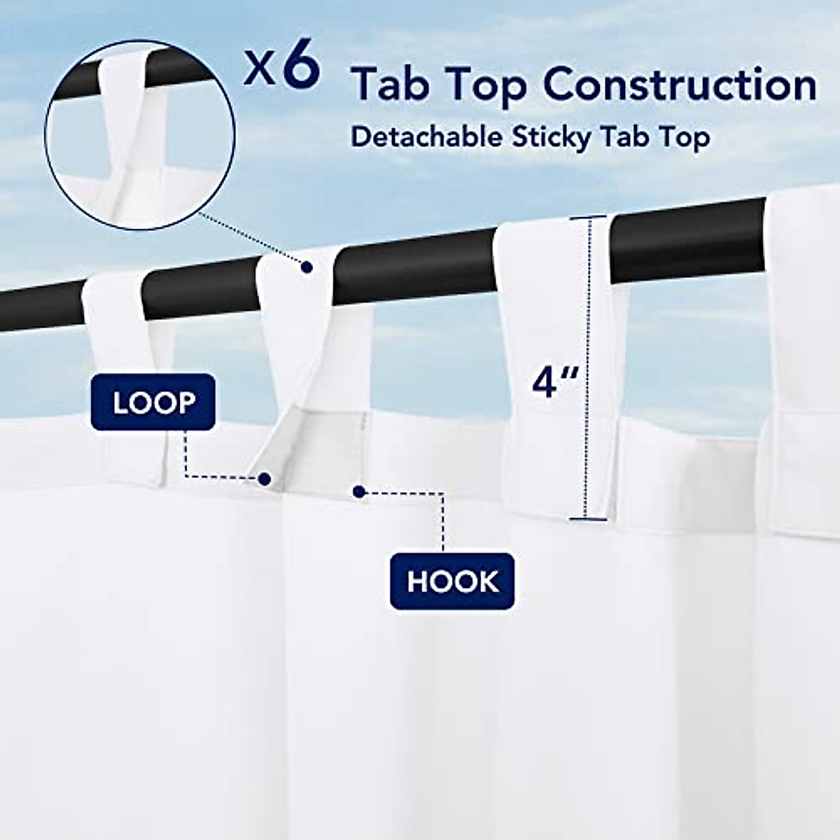 PureFit Outdoor Curtains for Detachable Sticky Tab Top Patio Waterproof/Weatherproof, UV and Fade Resistant Outside Curtains for Gazebo, Porch, Pergola, Privacy Curtain, 54 x 84 inch, 2 Panels, White