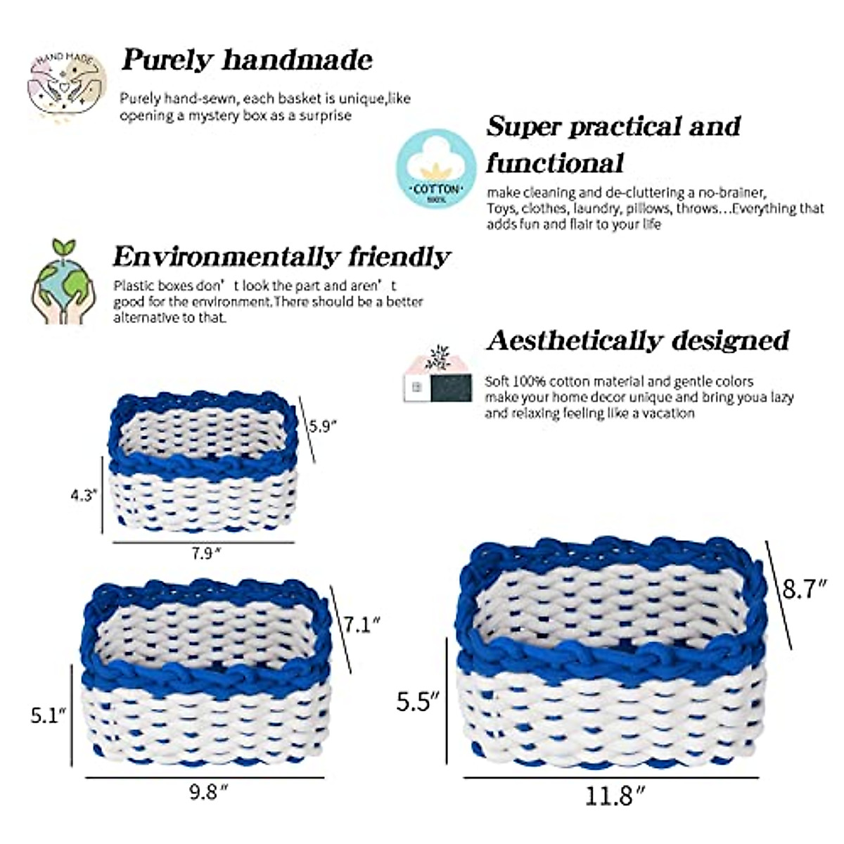 R RUNKA Small Rope Baskets for Clothes, Toys, Towels, Books - Set of 3,Decorative Baskets for Home Decor,Small Baskets for Gifts | Boho Baskets, Small Woven Basket for Nursery (Blue & Off White)