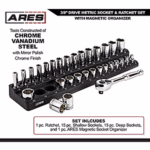 ARES 47004-32-Piece 3/8-inch Drive Metric Socket and 90-Tooth Ratchet Set with Magnetic Organizer - Sizes 6mm to 20mm Deep and Shallow Sockets