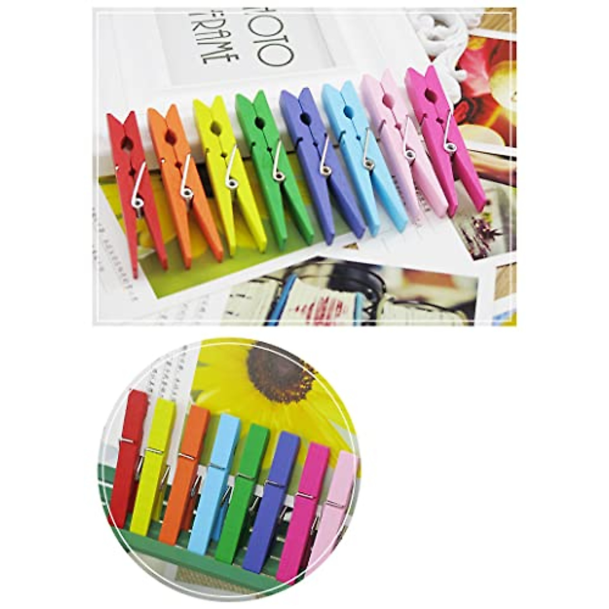 200 Pack Colored Wooden Clothes Pins, 10 Colors Wooden Clothes Pins with 66FT Jute Twine, Rainbow Clips for Photos, Pictures, Clothing Hanging (2.83 in)