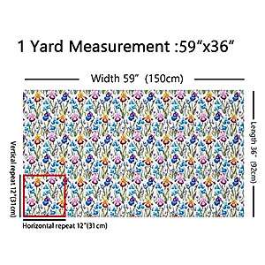 Floral Upholstery Fabric, Leaves Fabric by The Yard, Romantic Botanical Decorative Fabric, Iris Hyacinth Indoor Outdoor Fabric, Watercolor DIY Art Waterproof Fabric, Blue Purple, 1 Yard