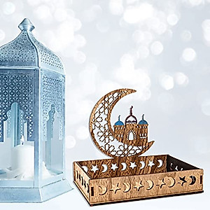 Likense Ramadan Serving Tray, Wooden Eid Ramadan Mubarak Serving Tray Eid Moon Star Shape Pastry Tray Wood Dessert Plate Table Decoration for DIY Home Dessert Cupcake Rustic Biscuit Snack