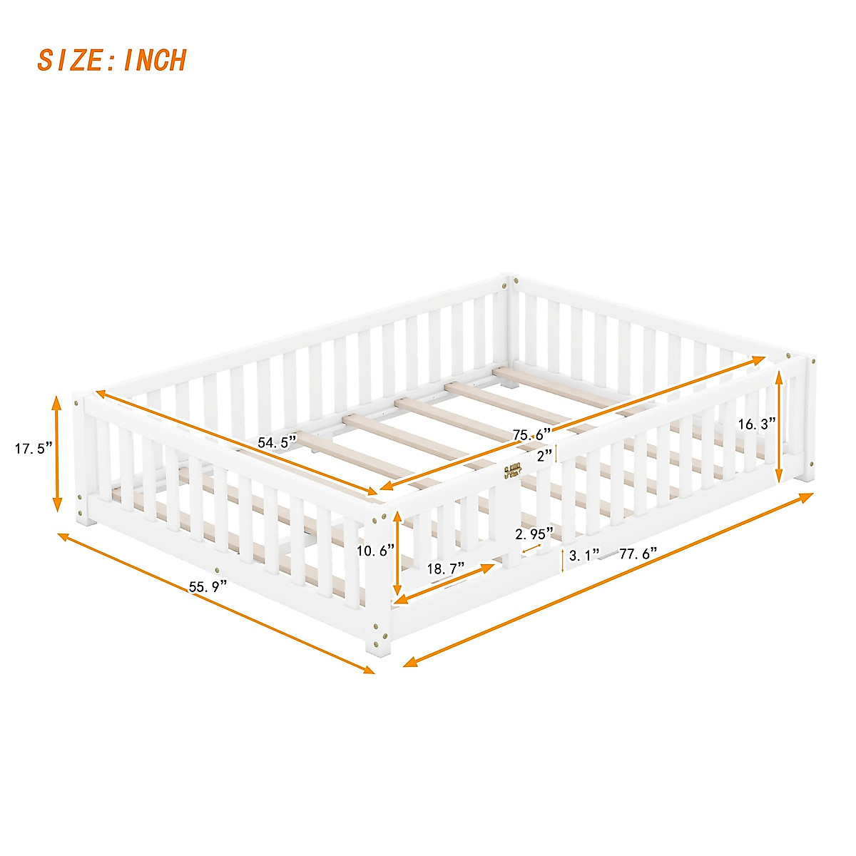Full Size Floor Bed for Kids, Wood Montessori Bed with Slats, Safety Fence & Door, Playhouse Floor Bed Frame with Rails for Girls Boys Children Teens, White