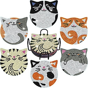 Vcekract Diamond Painting Coasters Kits, 6 Pieces Cat Diamond Painting Coasters with Holder, DIY Diamond Art Coasters with Stickable Cork Bases, Diamond Art Kits for Adults & Kids