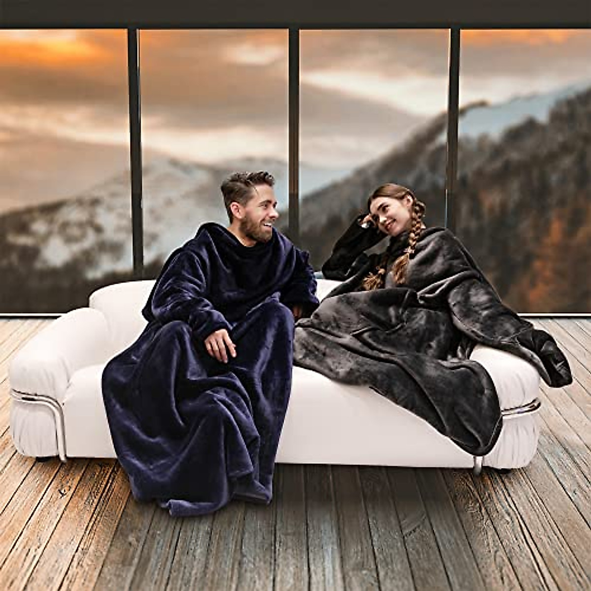 NordECO HOME Sherpa Wearable Blanket for Adults, Oversized Blankets for Women and Men with Warm Sleeve and Big Pockets, Valentines Day Gifts Long Fleece TV Throws Blanket 72" x 55" (Deep Grey)