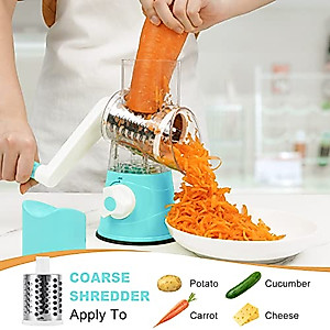 Elyum Rotary Cheese Grater Manual Cheese Grater with Handle 3 Interchangeable Stainless Steel Blades Cheese Shredder Strong Suction Base Cheese Graters for Kitchen Vegetables, Cheese and Nuts (Blue)
