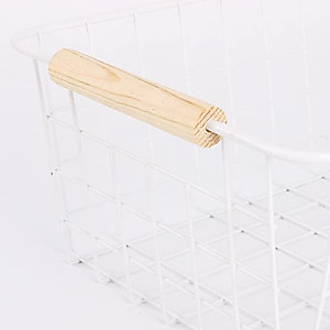 Fvstar 3pcs Wire White Baskets with Wooden Handles,Metal Storage Organizer Bins,Household Refrigerator Basket for Cabinets,Pantry,Shelf,Countertop,Closets,Bedrooms,kitchen