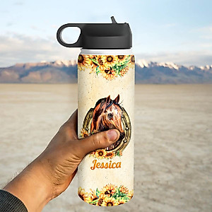 winorax Personalized Sunflower Horse Water Bottle 12oz 18oz 32oz Insulated Stainless Steel Sports Bottles Travel Cup Birthday Christmas Back To School Gift for Women Girls Kids