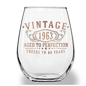 Vintage 1963 Rose Gold Printed 17oz Stemless Wine Glass – Happy 60th Birthday Gift Women Men, Cheers to 60 Years, Turning 60 Woman Decorations Decor, Anniversary Bday Party Favors, Gift Ideas Her 1.0