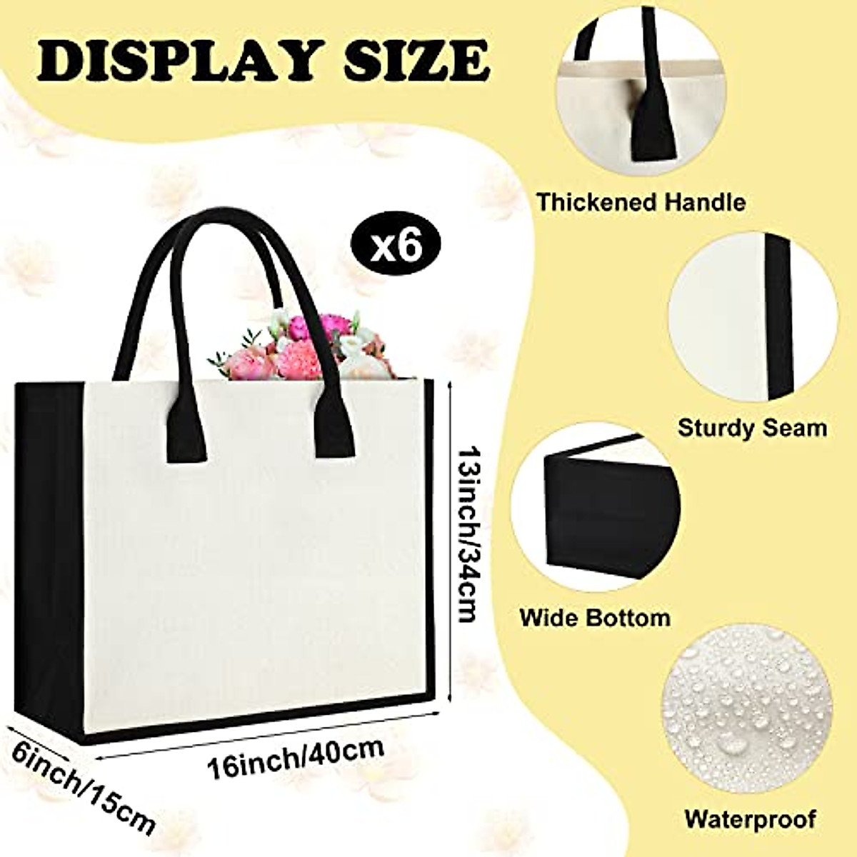 Reginary 6 Pcs Bridesmaid Bags Bulk Initial Canvas Tote Bags with Handles Personalized Beach Canvas Bag for Wedding Mother Teacher Bride Friend College DIY (Black Edge)