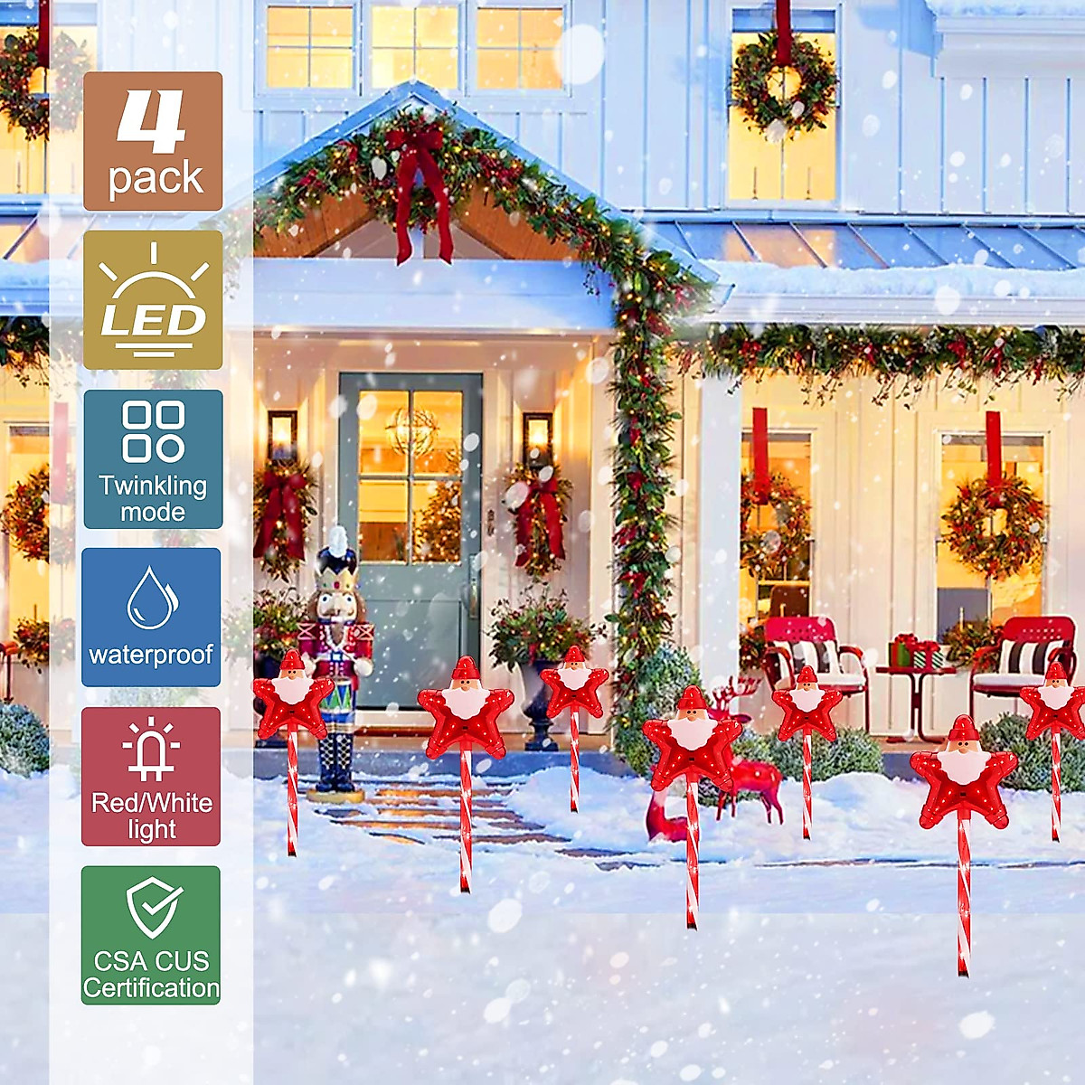 Brightown Christmas Decorations Pathway Lights Outdoor - 23 inches 124 LED Santa Candy Cane Lights Lighted Waterproof for Holiday Garden Lawn Yard Sidewalk Walkway Markers, 4 Pack