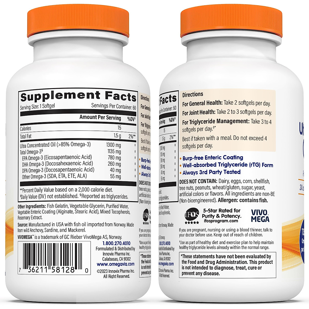 OmegaVia Ultra Concentrated Omega 3 Fish Oil Burpless, 60 Softgels, Triple Strength Omega 3 Fish Oil Supplements, 1135 mg Pure Omega3, No Fishy Burps, High EPA DHA DPA, IFOS 5-Star