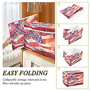 DIGTIA Veterans Day Storage Bins with Lids USA Flag Firework Foldable Storage Boxes with Handles 4th Of July Large Storage Basket Collapsible Organizer Containers for Closet Home Bedroom Office