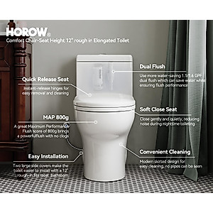 HOROW HR-ST076WD Dual Flush Elongated Toilet with Soft Close Seat, High-Efficiency Supply, Standard Bathroom Toilet 12" Rough-In, White Finish