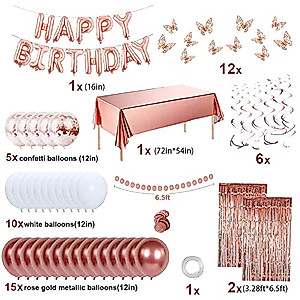 Rose Gold Happy Birthday Party Decorations for Women Girls, Happy Birthday Banner for Her, Fringe Curtains, Foil Tablecloth, Confetti Balloons, Butterfly Decor for 13th 16th 18th 21st 30th 40th 50th
