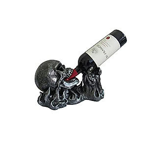 DWK - Gargle of Wine - Skeleton in Flames Tabletop Wine and Bottle Display Caddy Home Décor Dining Centerpiece Kitchen Accessory Bar Accent, Pewter Finish, 11.5-inch