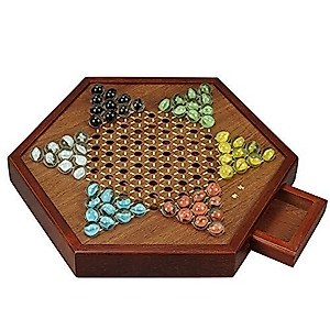 Younglingn 12.5" All Natural Wood Chinese Checkers with Storage Drawer and Glass Marbles Checkers Board Games for Family