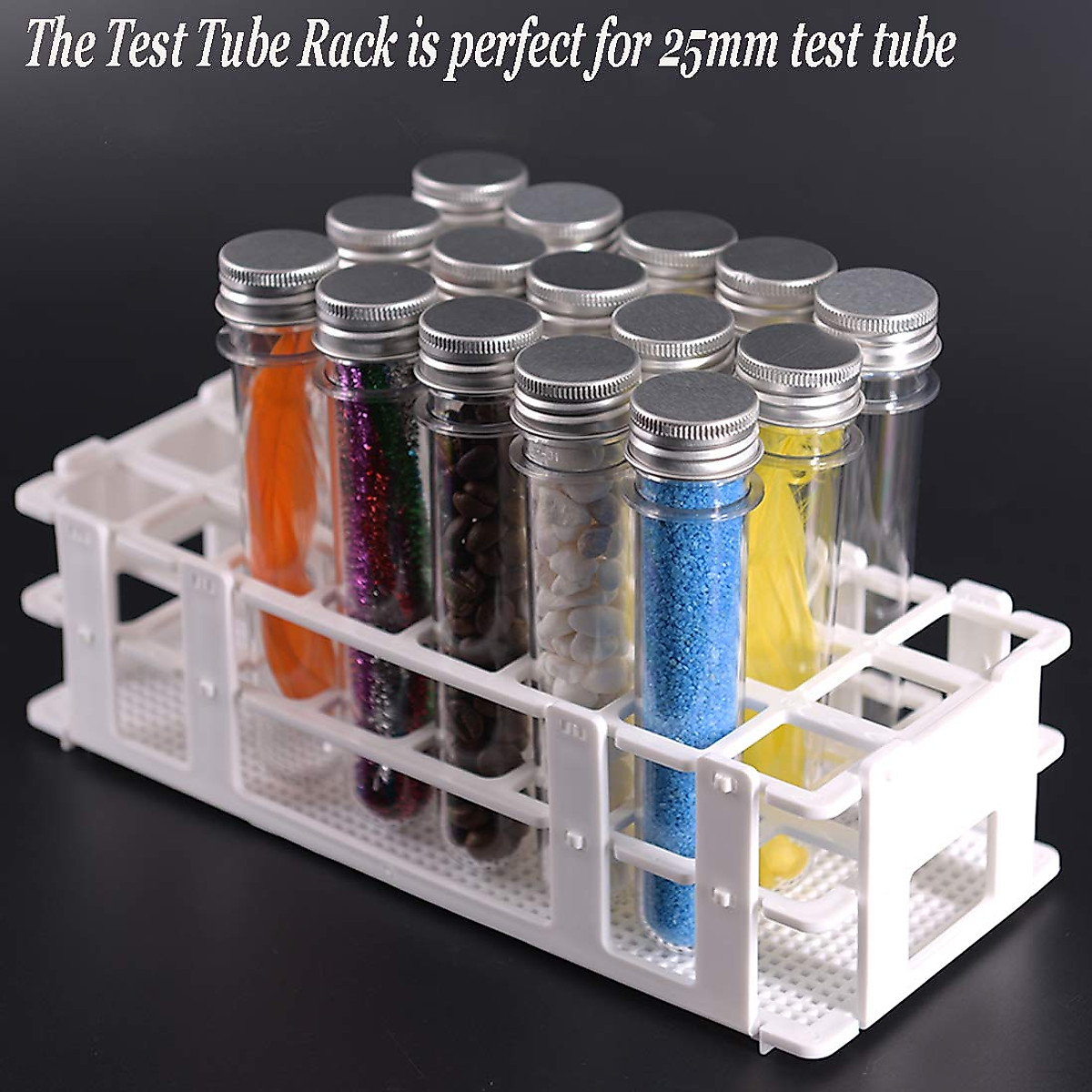 15 Pack Test Tubes with Rack - Buytra 40ml Clear Plastic Test Tube Gumball Candy Tube with Caps 25x140mm - 24 Holes Detachable Test Tube Rack Holder for 25mm Tubes