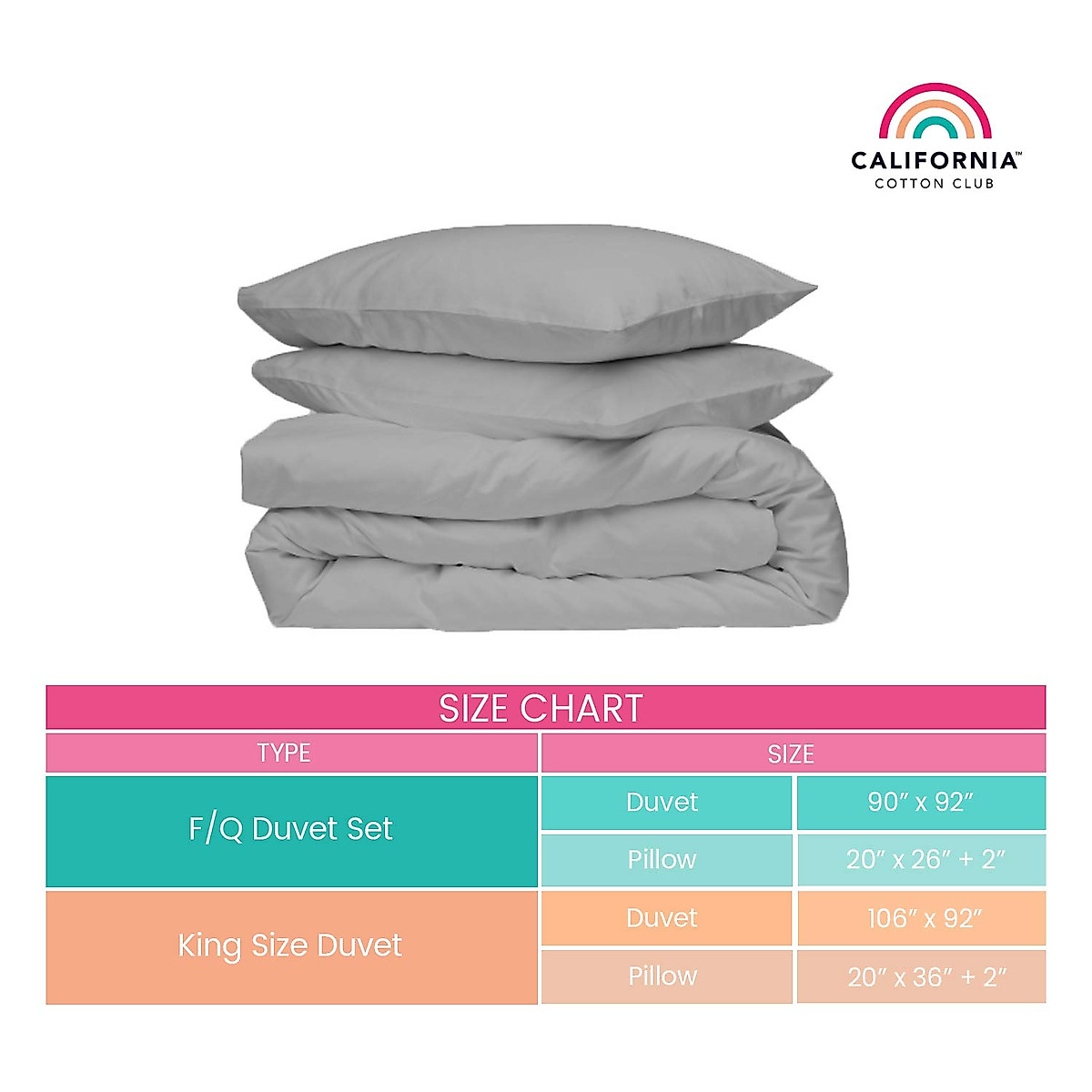 California Cotton Club 600 Thread Soft 1 Piece Duvet and 2 Piece Pillowcases Set - Breathable Pure Cotton Silky Satin Comforter Duvet Set with Button Closure for Luxury Bedding (Light Grey, Queen)