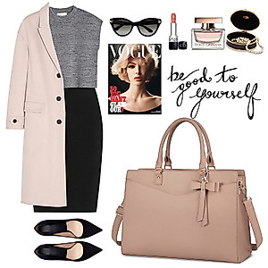 RAINSMORE Laptop Bag for Women 15.6 Inch PU Tote Bag Business Office Work Bag Waterproof Briefcase Computer Tote Lightweight Handbag Shoulder, Khaki