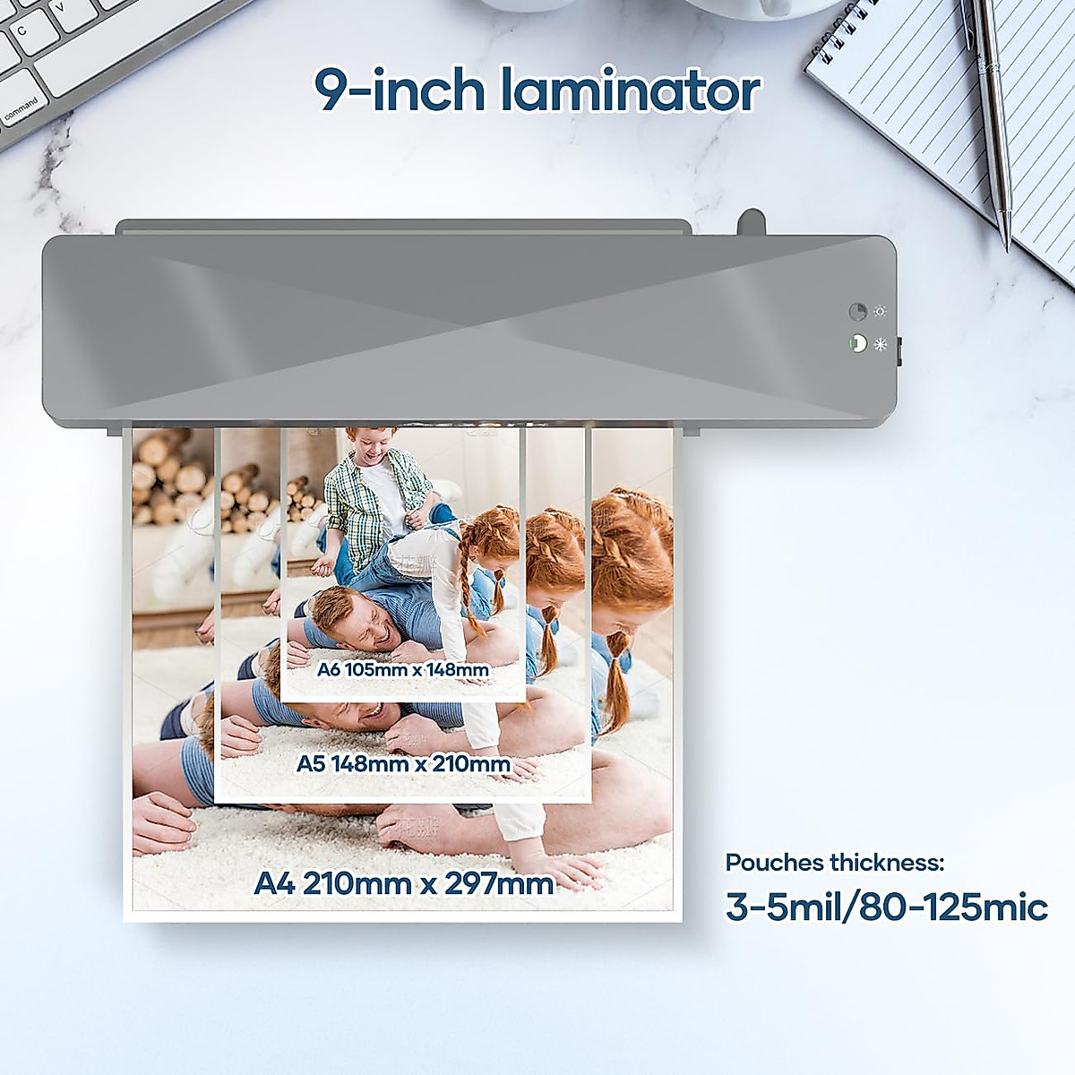 Laminator, 9 Inch A4 Thermal Laminator Machine with Laminating Sheets 9pcs & Paper Trimmer, 4 in 1 Hot & Cold Personal Lamination Kit for Home Office School Use, Fast Warm-Up & Quiet, Never Jam