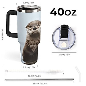 LLUTSNTH 40 Oz Vacuum Tumbler with Black Handle Leakproof Insulated Tumbler Cute Otter Stainless Steel Travel Mug with Lid And Straw Coffee Cup Cute Water Bottles Cup Holder Friendly