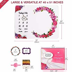 Bolino Baby Milestone Blanket for Girls Photo Prop ‎with 2 Frames, 5 Hair Bands, Flower Design in Soft ‎Minky Fleece - Baby Gift for Newborn Girl - 40x51 ‎In - Pink Flowers on White Background