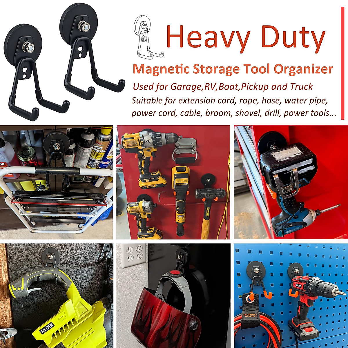 ULIBERMAGNET Strong Garage Magnetic Hooks, 2 Pack Heavy Duty Storage Utility Magnet Hooks with Anti-Slip Coating for Indoor & Outdoor Hanging (Black)