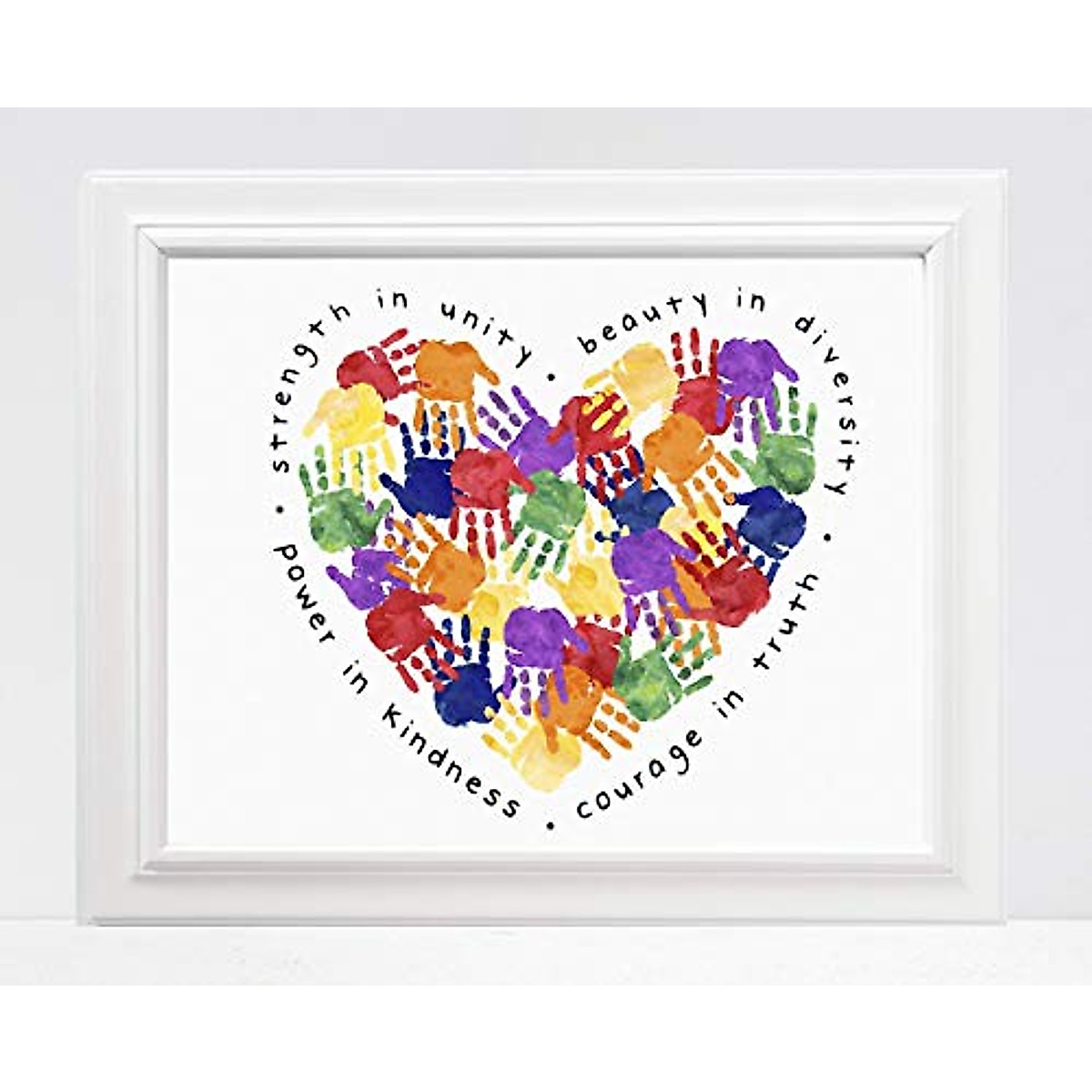 Inclusivity and Diversity Art for Kids - Handprints Heart - Strength in Unity Beauty in Diversity Power in Kindness Rainbow Colors Classroom UNFRAMED Poster 5x7" 8x10" 11x14" 16x20" 24x36"