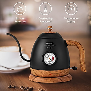 Bsigo Gooseneck Electric Kettle with Thermometer, 100% Stainless Steel for Pour-over Coffee & Tea Kettle, BPA Free, Auto Shut off Anti-dry Protection, Quick Heating Boiling Water, 1000W-0.8L, Black