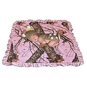 Mossy Oak BU Pink Hunting Camo Baby Blanket, Super Soft Carstens Microfur Back and Satin, Bow, Newborn Pink Camouflage Gift Blanket