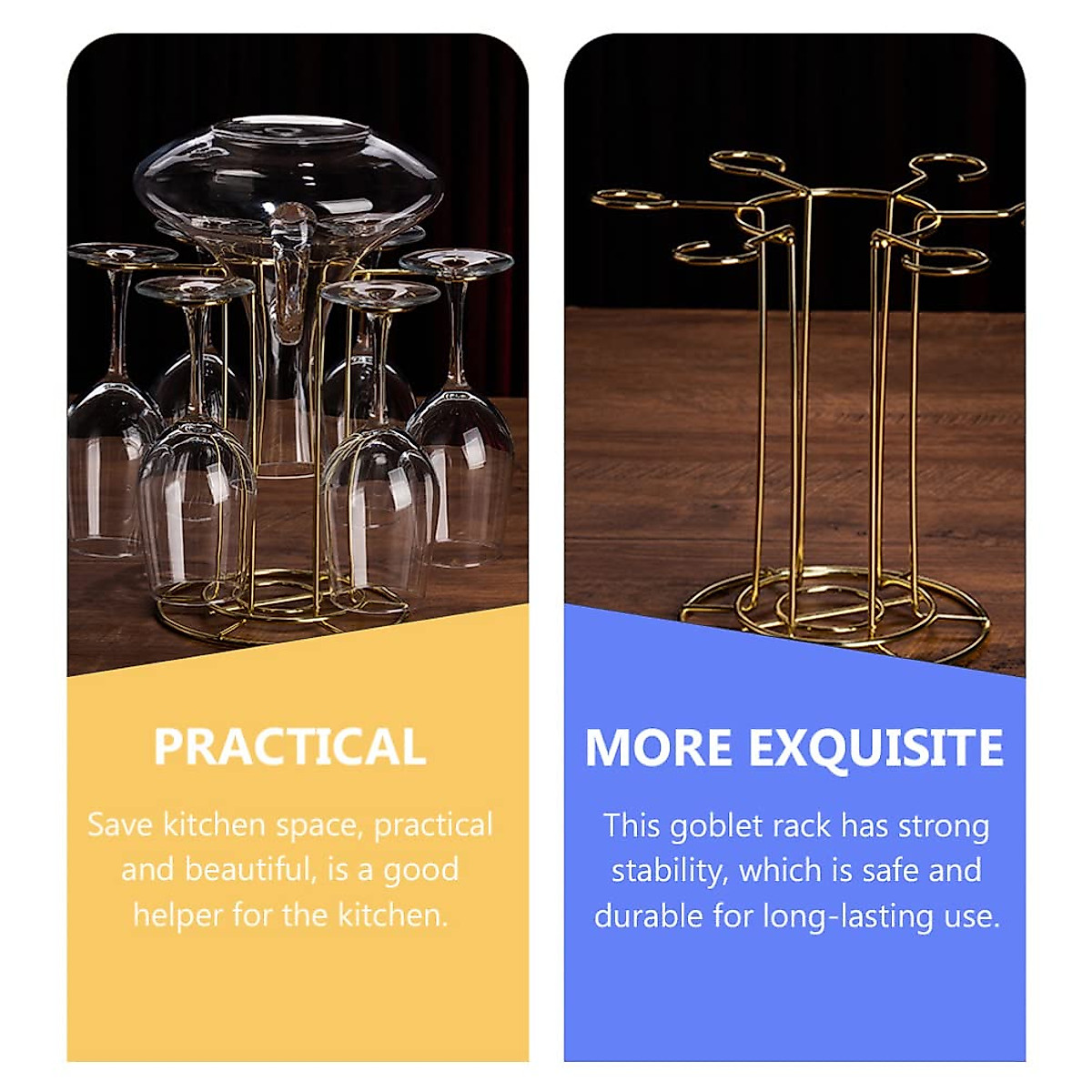 DOITOOL Wine Glass Holder Stand, Countertop Freestanding Stemware Drying Rack Vertical Wine Glass Display Storage Rack Tabletop Glass Display Hanger with 6 Hooks for Bar Kitchen Table, Gold