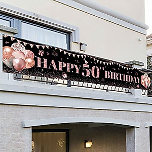 Large Happy 50th Birthday Banner Black and Rose Gold Yard Sign Birthday Banner for Women Girl 50 Years Old Birthday Photo Backgroud Party Indoor Outdoor Decoration Supplies 118 × 19.6 Inch