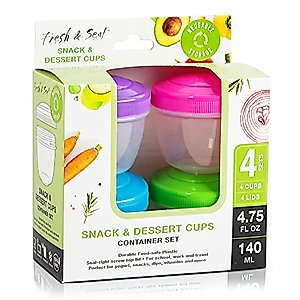 Snack Containers (4 Set) - 4.75 Oz Small Food Storage Cups with Lids - Fruit, Nuts, Sauce, Condiments, Salad Container for Lunch Box - Reusable Dessert Cups, Microwave and Freezer Friendly, BPA-free (S/4 Multi)