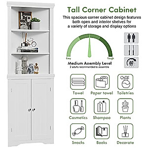 YESHOMY Corner Cabinet Shelves, Side Free Standing Storage Organizer with Large Space and Two Doors, Home Furniture for Multifunction in Living Room, Bathroom, Hallway, Kitchen, Bedroom, White