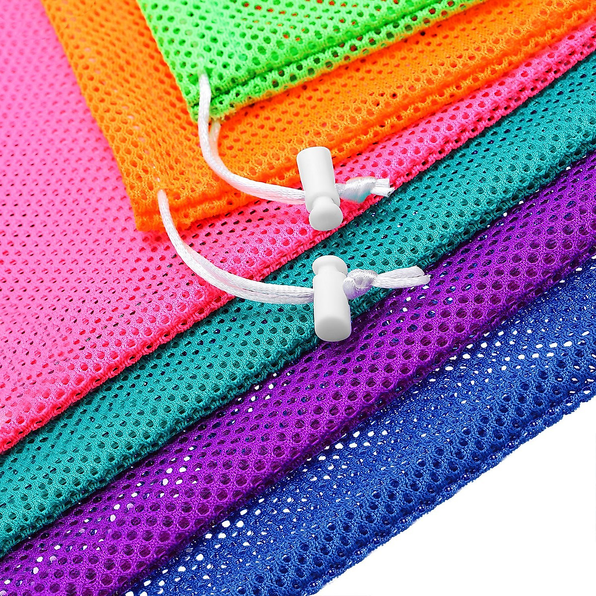 Frienda 6 Pieces Mesh Stuff Sack, 12 x 18 Inch Durable Nylon Mesh Drawstring Laundry Bag for Rinsing Beach Toys, Seashell Collecting, Mesh Bags and Travel (Multicolor)