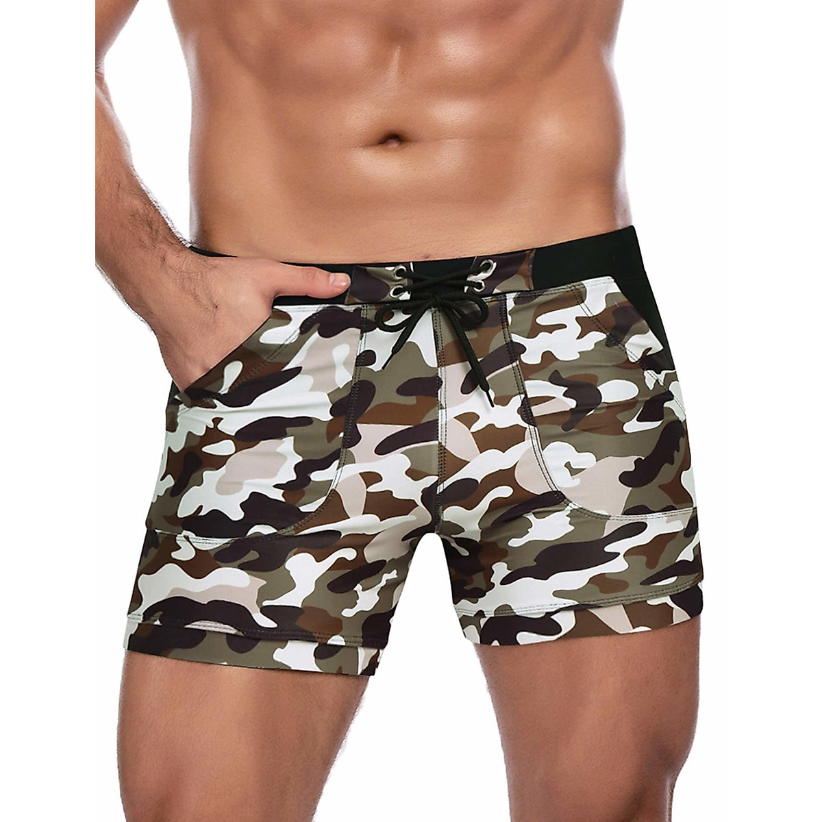 COOFANDY Mens Camo Quick Dry Swimwear Shorts with Pockets, Large, Brief - Army Green