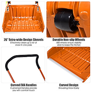GYMAX 26” Poly Sleigh Shovel, Rolling Snow Pusher Scoop Extra Large Capacity, Adjustable Angle & Easy Setup, with Ergonomic Handle & Wheels for Driveway, Sidewalk, Patio (Orange)