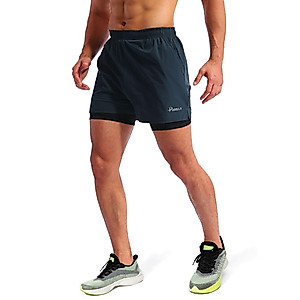 Pudolla Men’s 2 in 1 Running Shorts 5" Quick Dry Gym Athletic Workout Shorts for Men with Phone Pockets(Navy Blue Small)