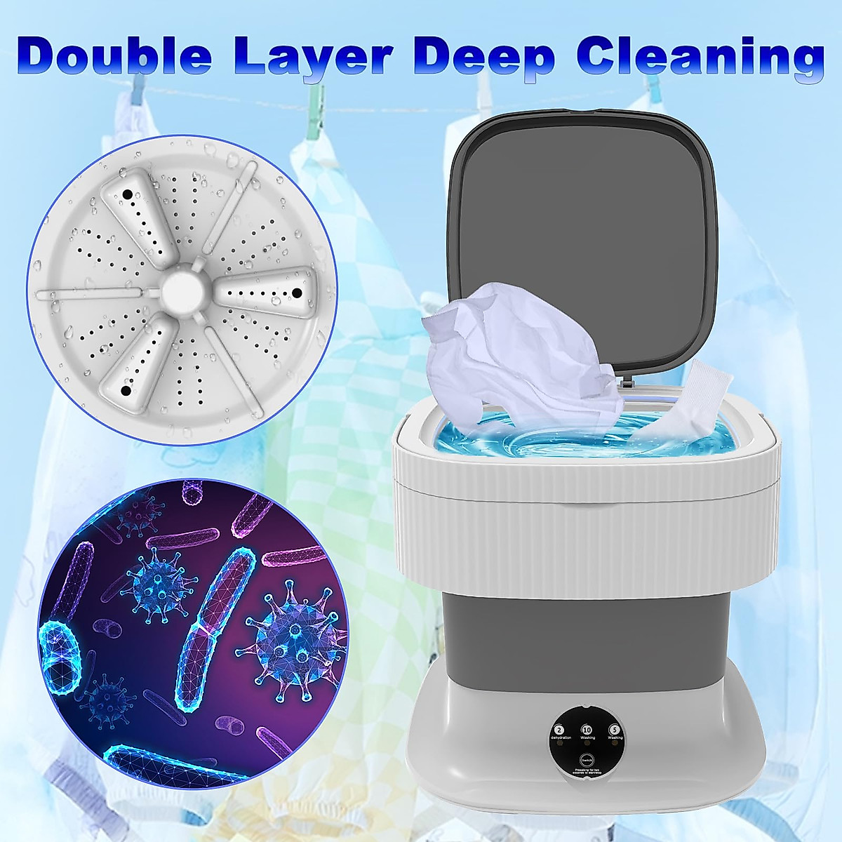 Portable Washing Machine, 12L Large Capacity & 60W, Foldable Mini Washer and Dryer, Compact Folding Small Laundry Washer, Socks, Baby Clothes, Underwear, Towel, Dorm, Camping, Apartment, Travel, Grey