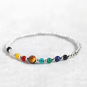 Jewever 7 Chakra Healing Bracelet with Real Stones Sterling Silver Bracelets for Women Crystals and Healing Stones Yoga Meditation Balance Stretch