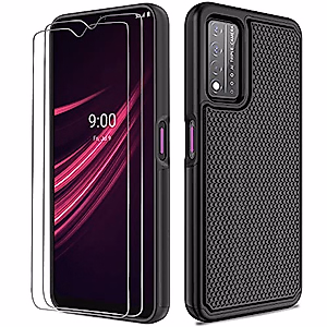 NTZW T-Mobile Revvl V+ 5G Case: Heavy Duty Shockproof Protective Phone Case [2 Tempered Glass Screen Protector] Anti-Slip Textured Hard Cover + Soft Silicone Rubber Bumper, Military Armor Case - Black